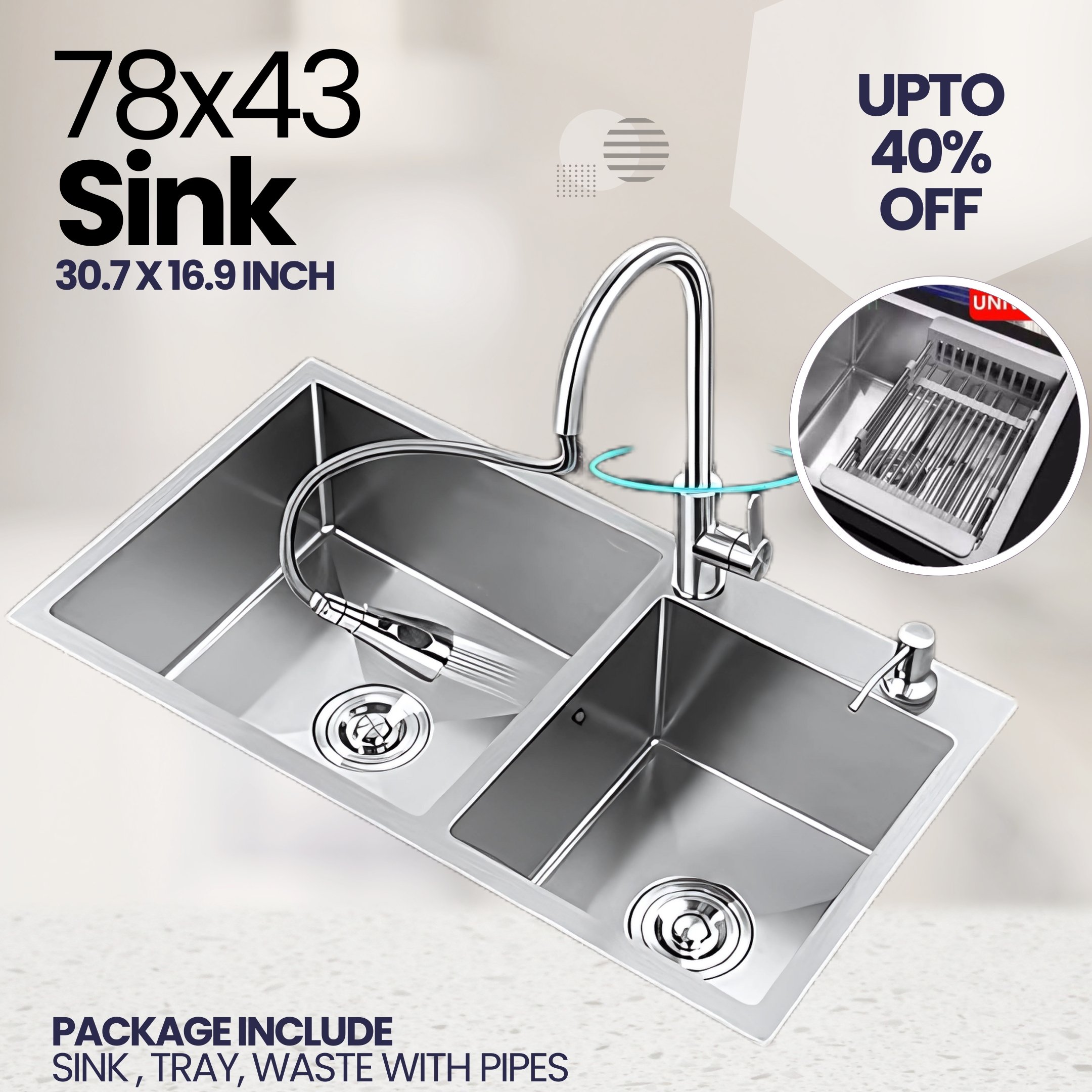 Kitchen Sink Double Bowl 78x43 Premium Stainless Steel - Sanitary ...